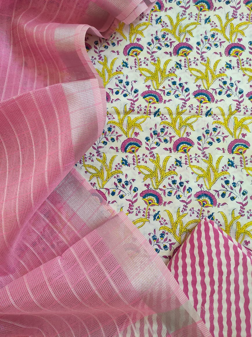Pink Yellow Jaal Hand Block Print Suit Rangsaa Jaipur